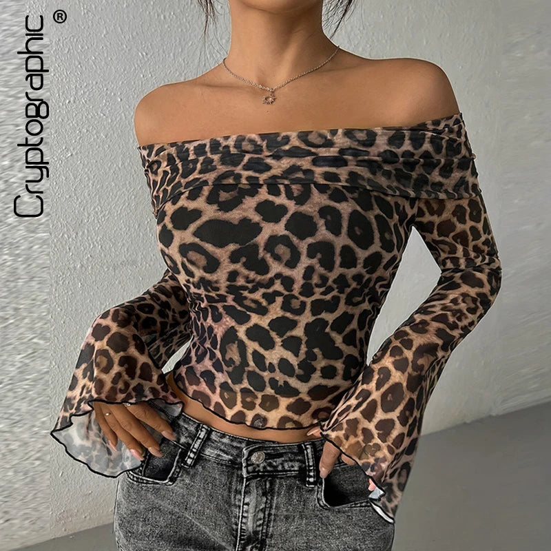 Leopard Mesh Flare Sleeve Top – Divaux